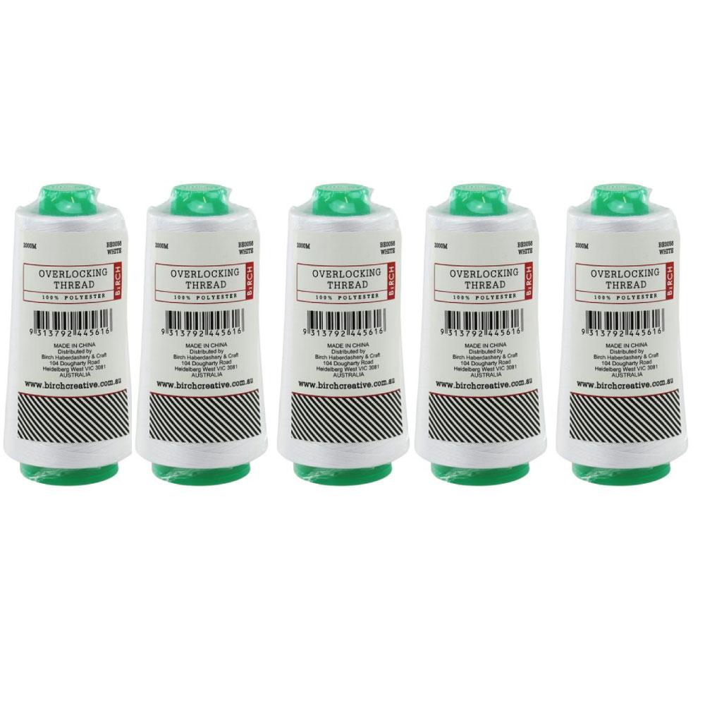 5 Pack White Overlocking Thread 2000m Polyester Birch Overlocker Cone – Yarra Supply