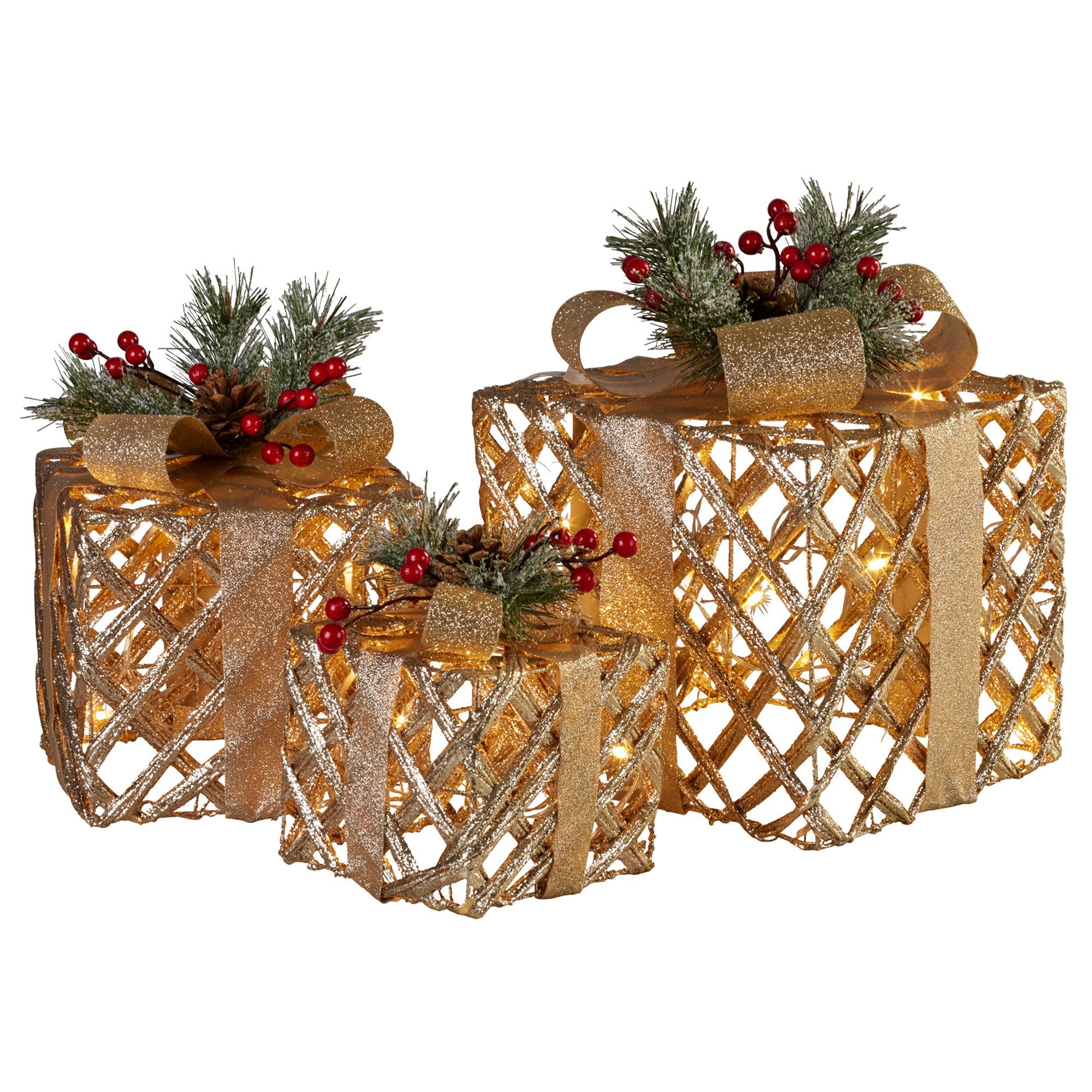 Swishmas Set of 3 Christmas Gift Boxes Display With Lights in Champagn ...