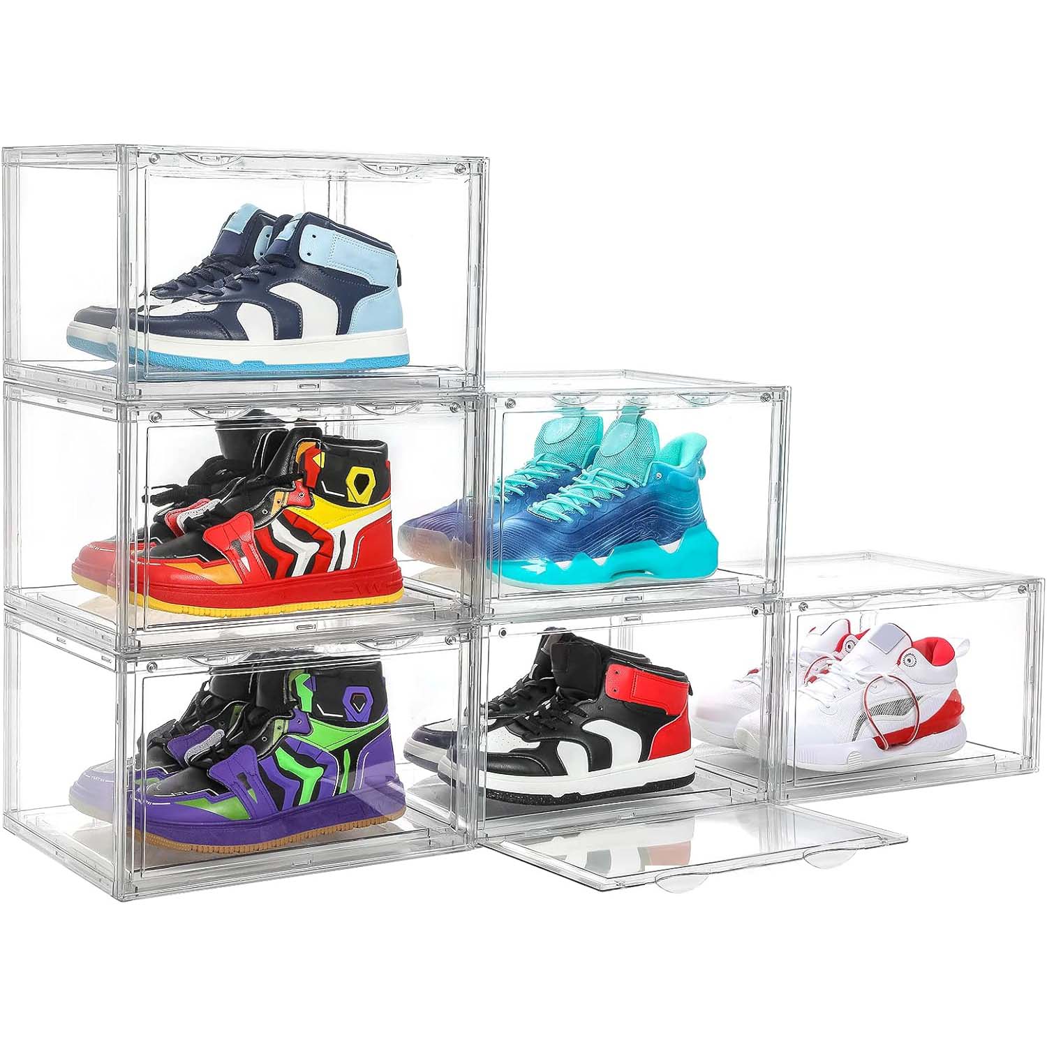 6 Pack Large Acrylic Shoe Box Storage Side Door Open Stackable Boxes T ...