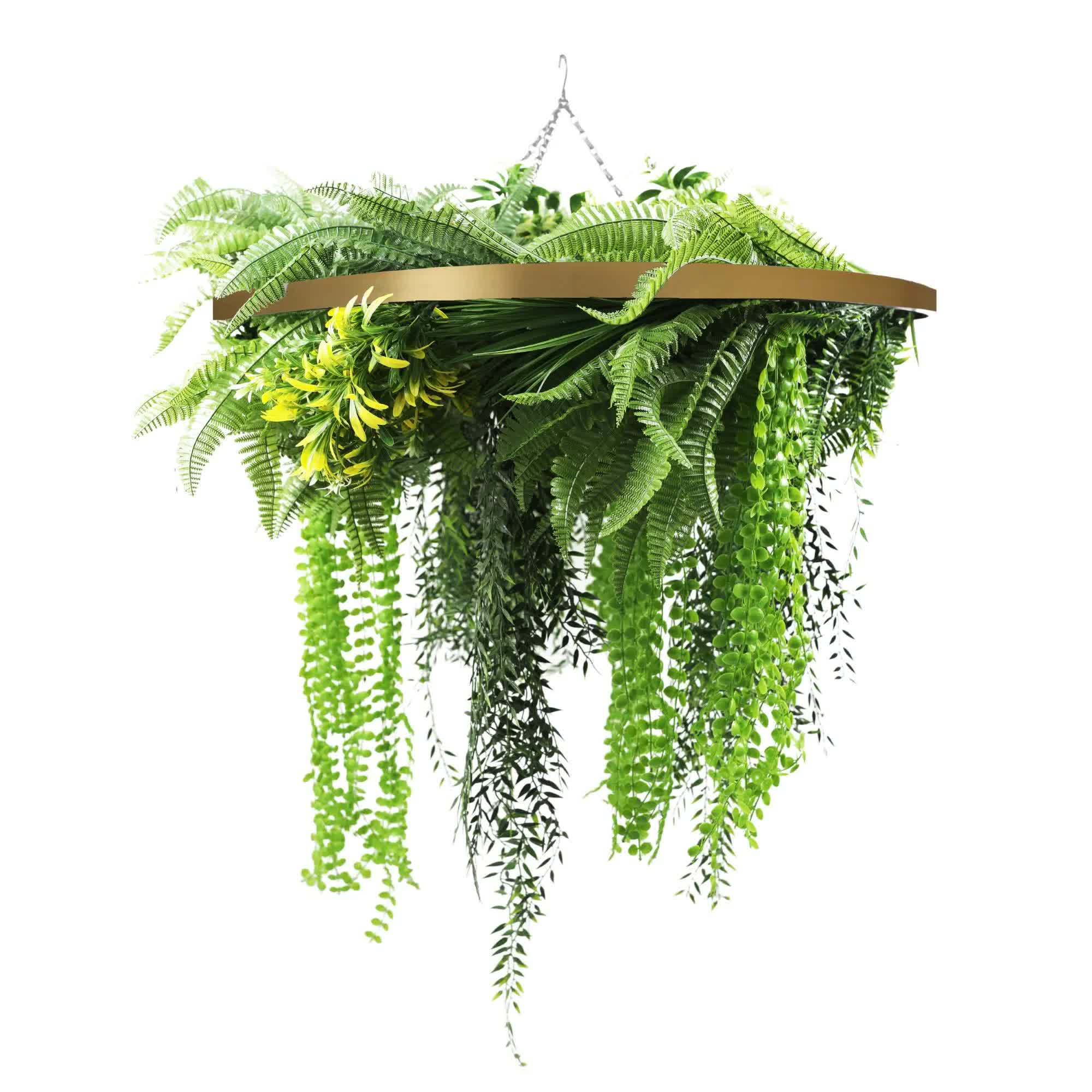 Gold Framed Roof Hanging Disc With Draping Life-Like Ferns and Plants ...