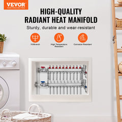 VEVOR 10-Branch Radiant Heat Manifold, 1/2" PEX Tubing Manifold, Stain ...